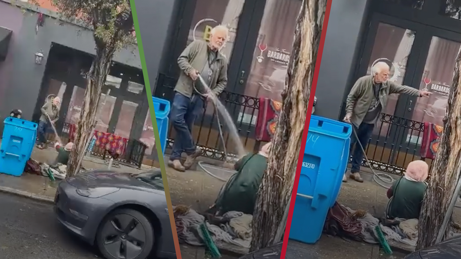 Hombre moja con una manguera a mujer indigente sentada frente a galería ...
