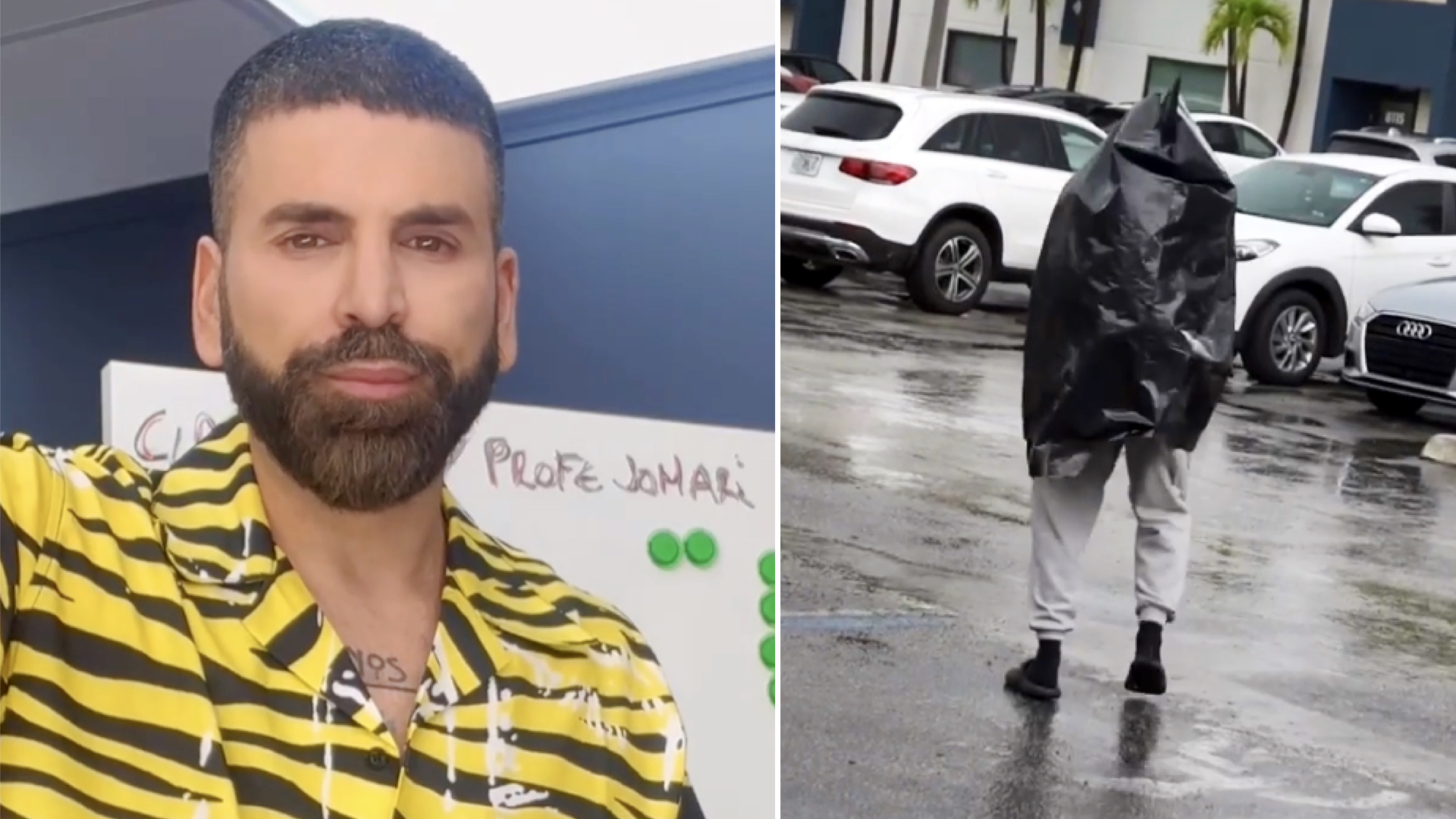 Jomari pierde el glamour y se pone una bolsa de basura para no mojarse ...