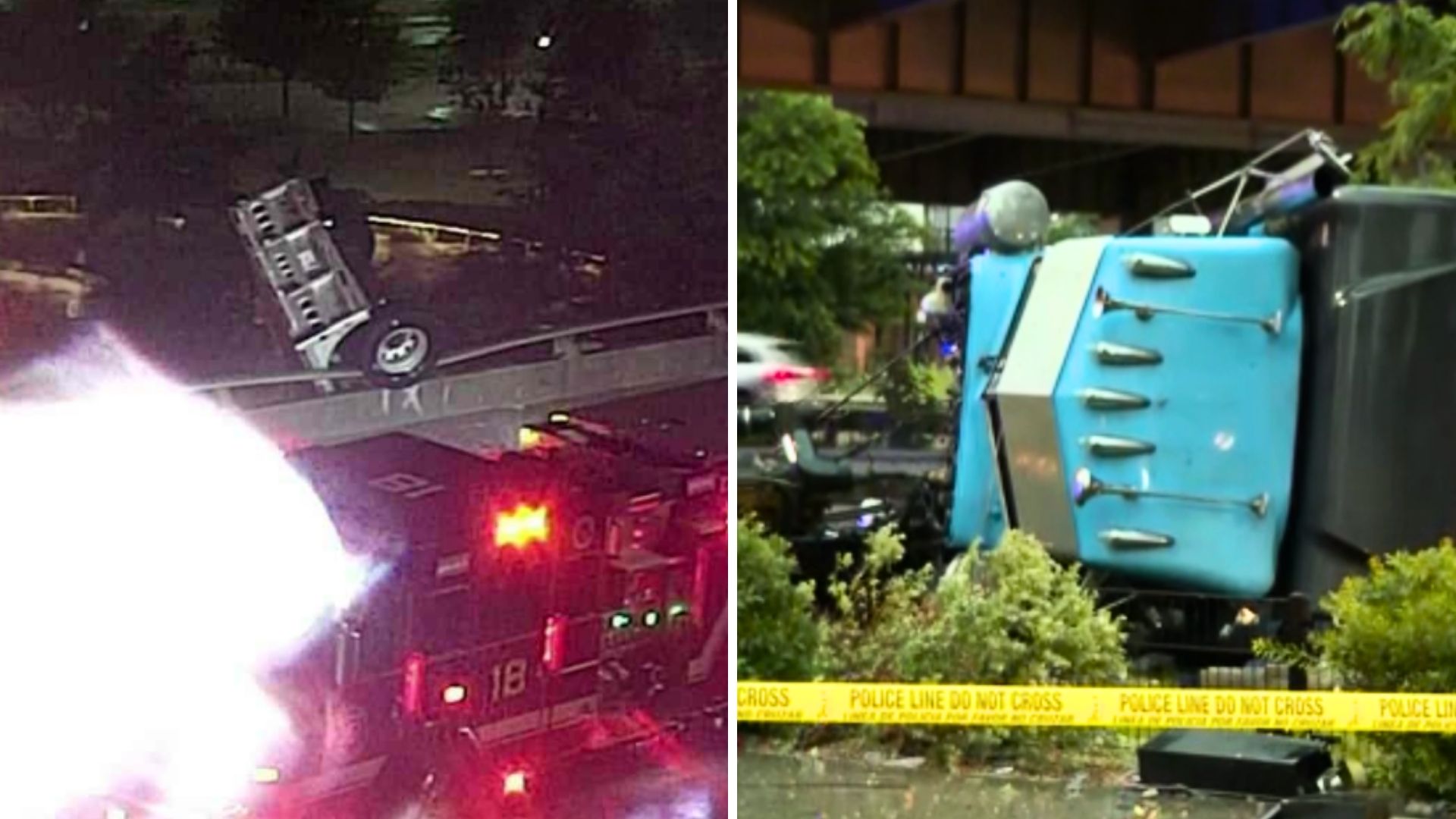 Camión de 18 ruedas cuelga de puente bajo lluvia durante horas en ...