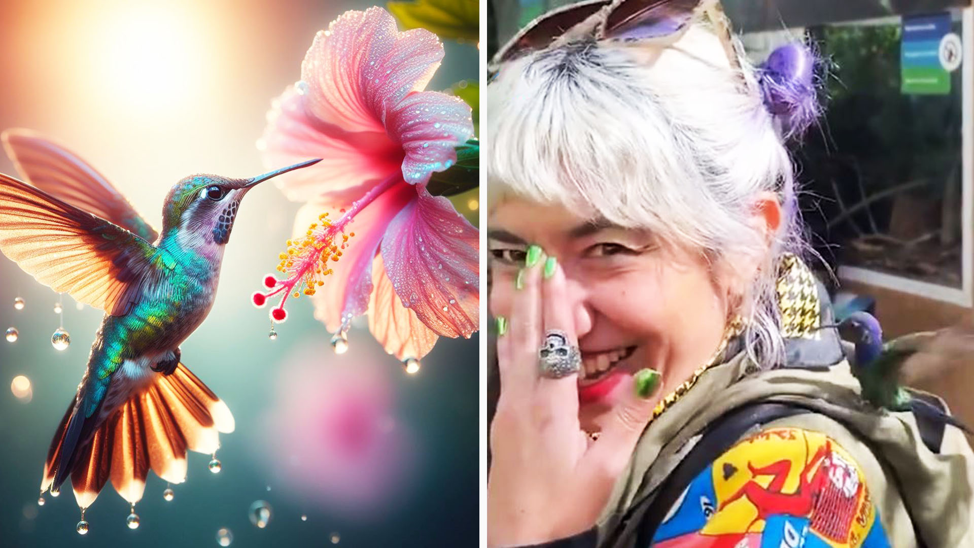 Un colibrí confundió el cabello de una mujer con una flor y el hermoso ...