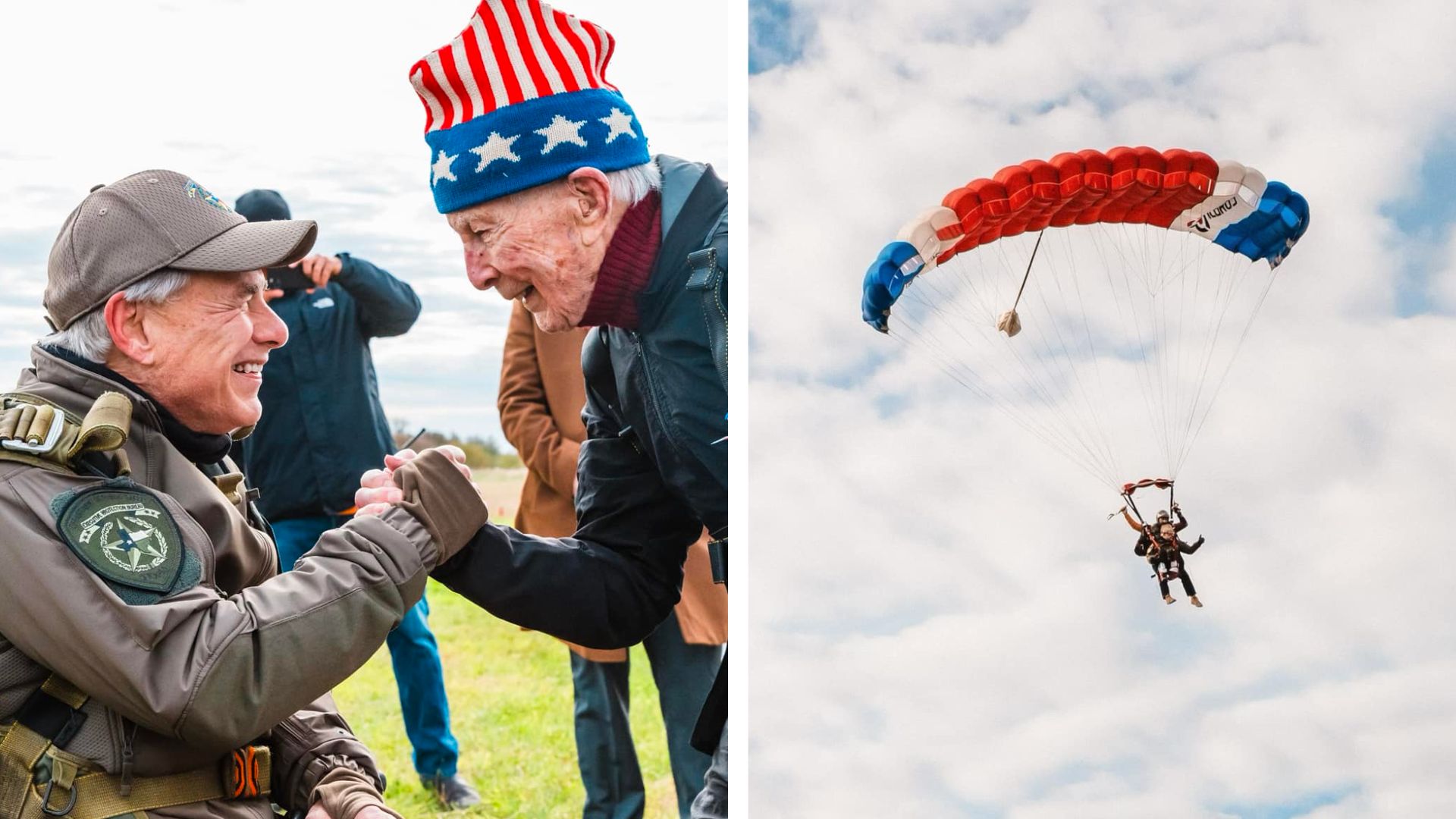 Salto en paracaídas histórico: Gobernador Greg Abbott y veterano de 106 ...