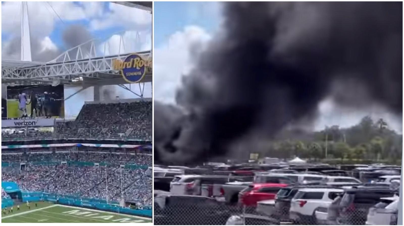 Varios vehículos se incendiaron en el Hard Rock Stadium, en el juego de ...