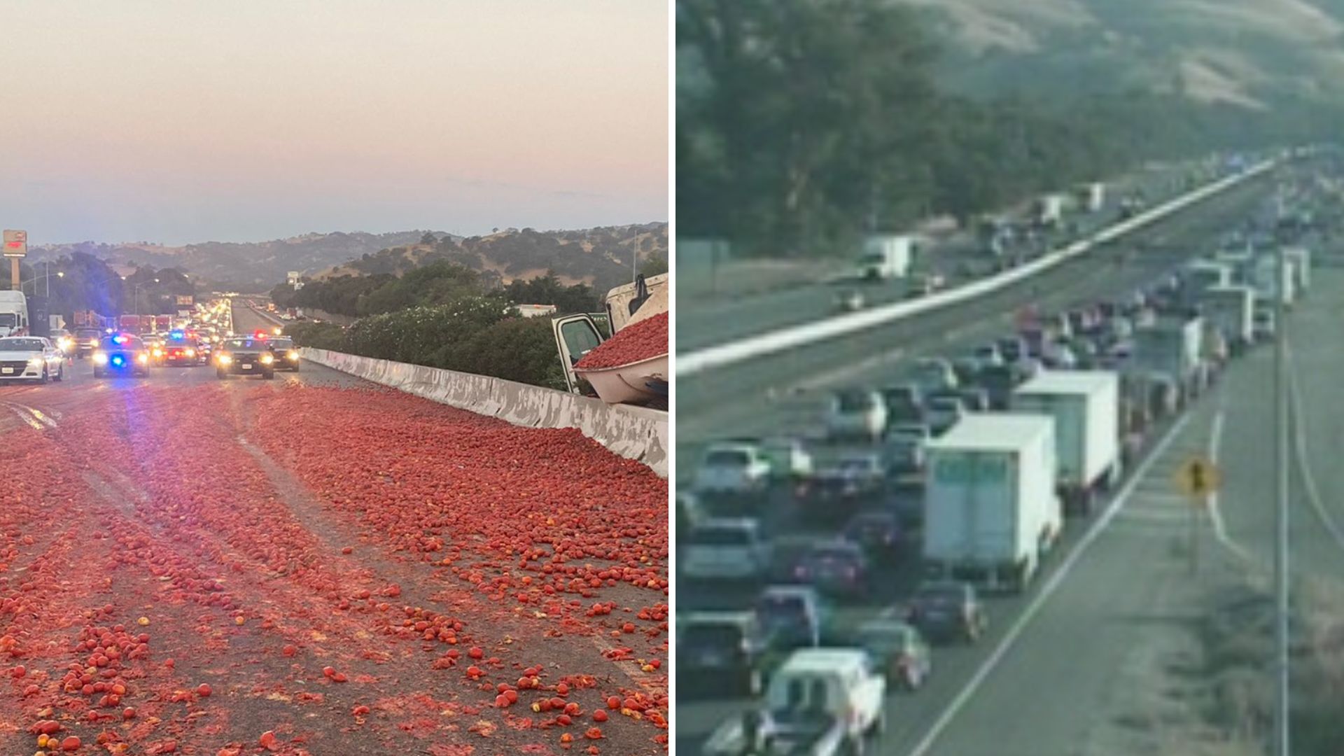 Caos en la Interestatal 80 por miles de tomates derramados en una ...